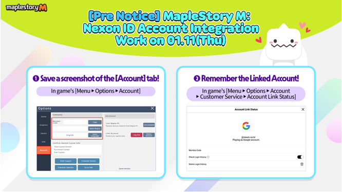 [Pre Notice] MapleStory M: Nexon ID Account Integration Work on 01.11(Thu)