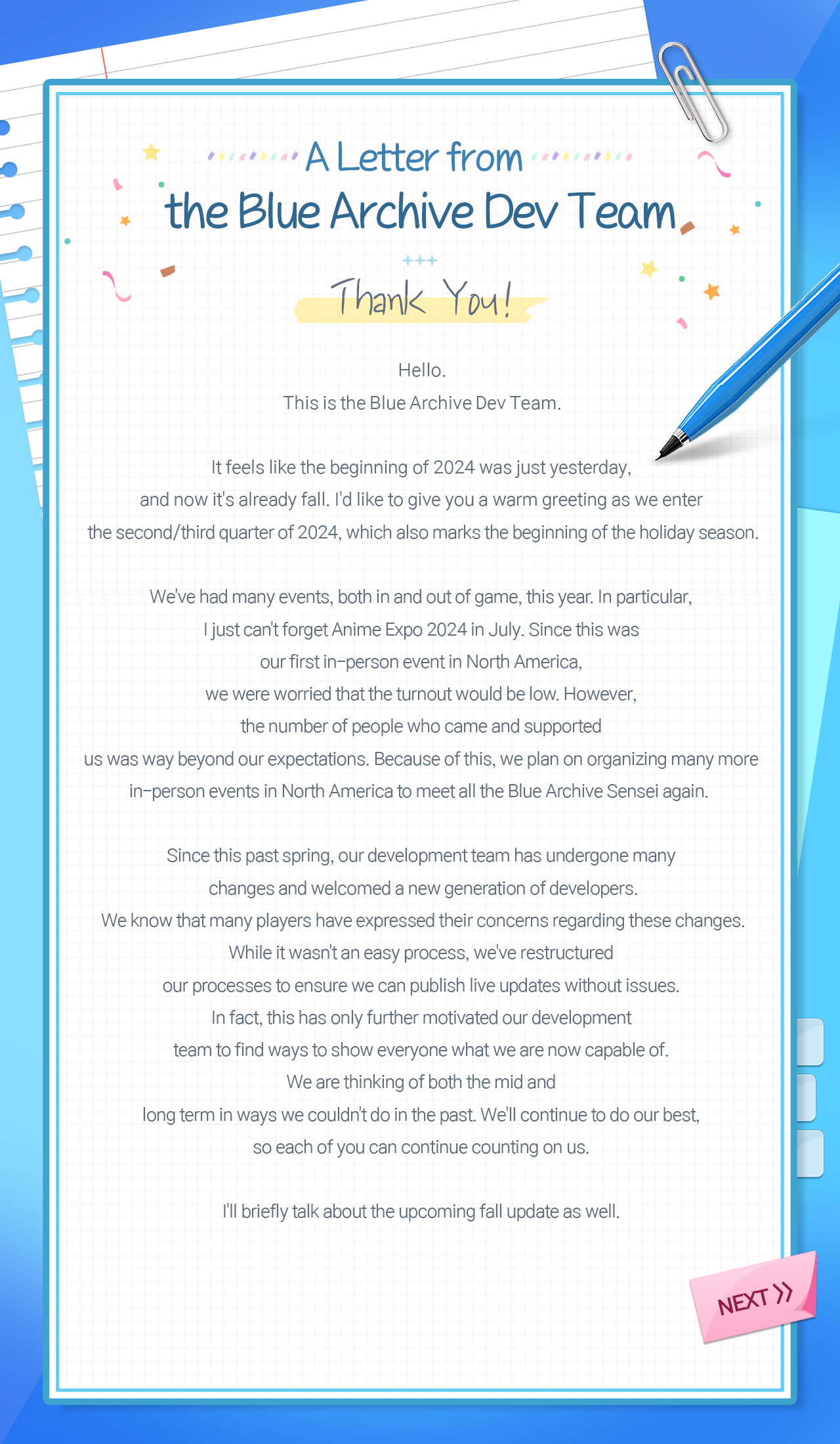 A Letter from the Blue Archive Dev Team